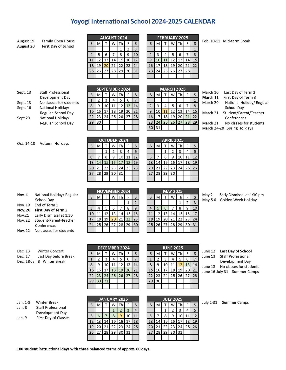 School Calendar | Yoyogi International School